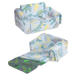 kirumie fold out kids sofa couch, children 2 in 1 convertible sofa to lounger, flip out sofa chair with blanket, glow in the dark dinosaur theme toddler sofa, sofa bed toddler chairs for boys girls