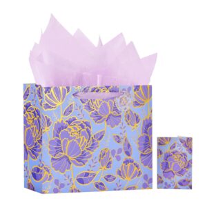 13" purple large gift bag with card and tissue paper for women celebrating birthdays, valentine's day, weddings, anniversaries, mother's day, easter, baby showers(purple,1pcs flower gift bag)