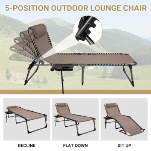 KingCamp Chaise Lounge Outdoor Adjustable Textilene Waterproof Patio Lounge Chair with Side Table Portable Camping Reclining Chair with Pillow (1 Pack, Beige)