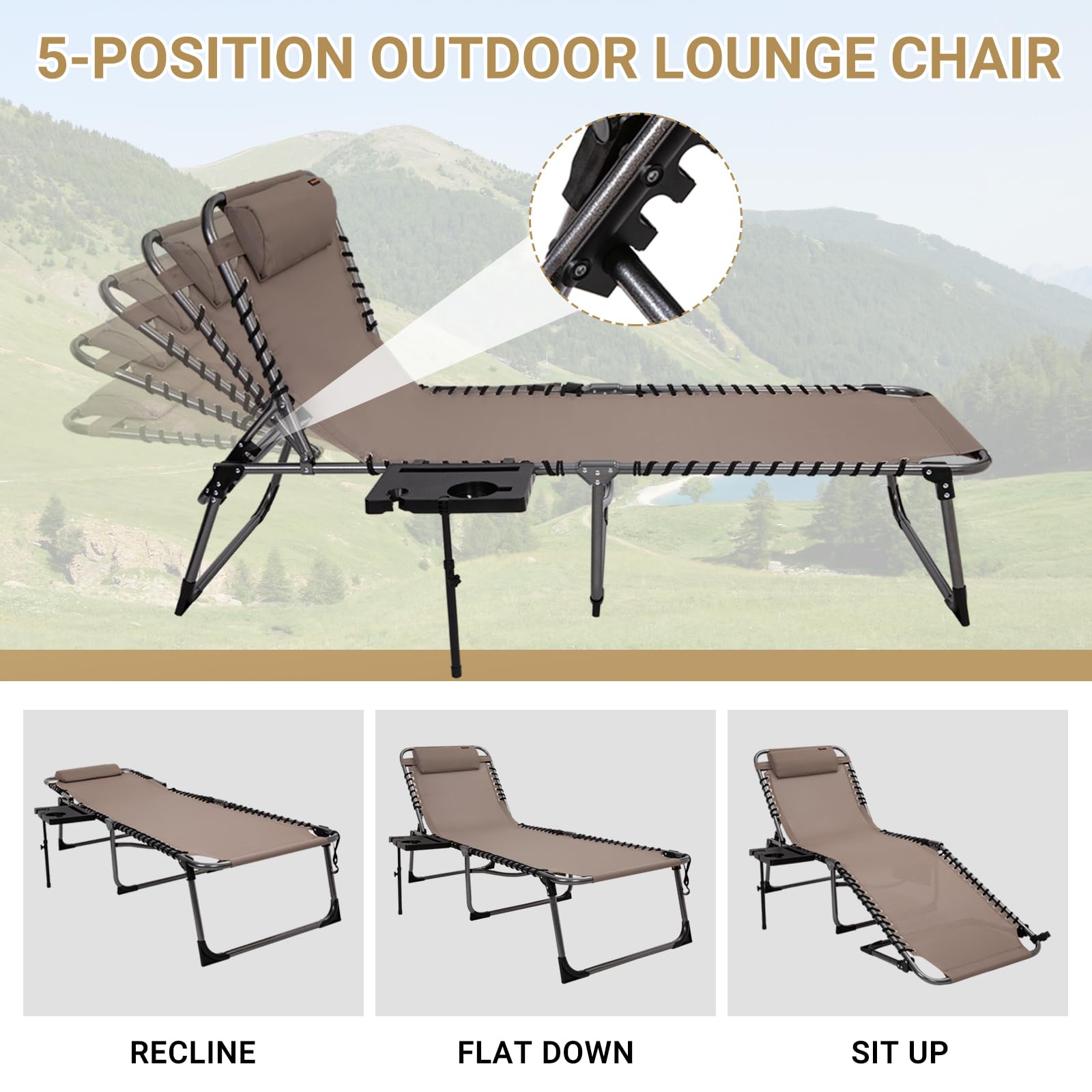 KingCamp Chaise Lounge Outdoor Adjustable Textilene Waterproof Patio Lounge Chair with Side Table Portable Camping Reclining Chair with Pillow (1 Pack, Beige)