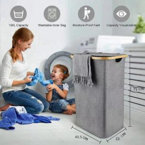 100L Laundry Basket with Lid,Portable with Handle, Detachable inner Bag, Clothes Hamper with Bamboo Handles for Clothes Toys in Dorm Bedroom Bathroom -Foldable Laundry Hamper，Gray