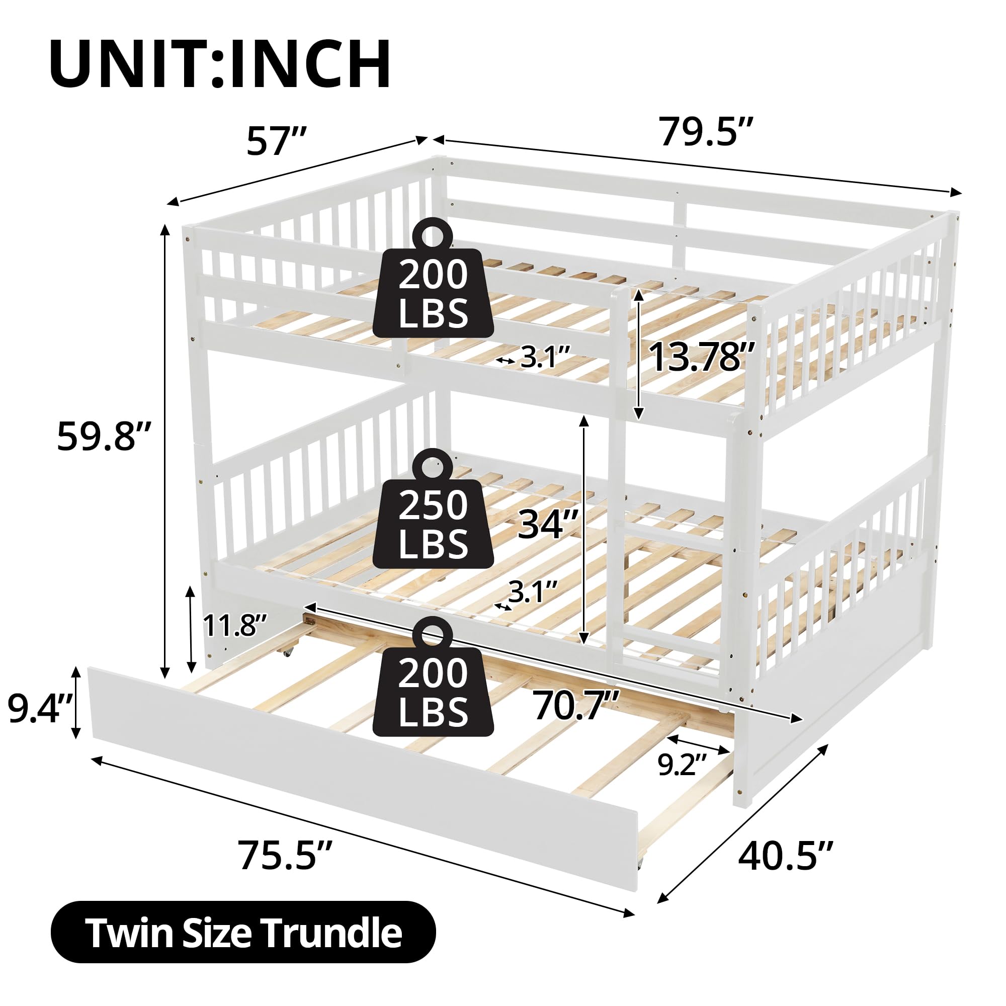 Full Over Full Bunk Bed with Trundle, Pine Wood Bunkbeds with Build-in Ladder and Safety Rails, Convertible to 2 Full Size Platform Bed for 3 Teens& Adults, No Box Spring Needed, White