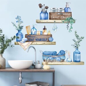 blue towel shelf wall stickers, sacinora cosmetic brush organizer diy wall decals removable vinyl peel and stick for boys man bathroom restroom toilet art home decoration