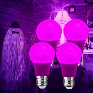 4 pack a19 led purple light bulb, led purple lights equivalent 100 watt colored light bulbs,e26 base purple led lights for party decoration, holiday lighting,halloween light bulbs