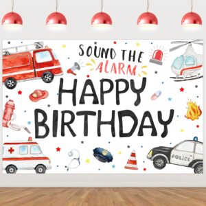 wonmelody emergency birthday decorations backdrop happy birthday sound the alarm backdrop banner rescue vehicle birthday party supply team rescue backdrop first responder transportation party