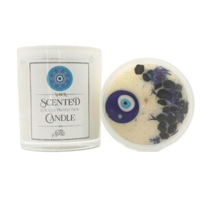 evil eye candle, 10.5 oz evil eye spiritual protection candles with crystals & cotton wick in glass jar, soy candle, amber scented candles for relaxing healing good energy aromatherapy décor, pack-1