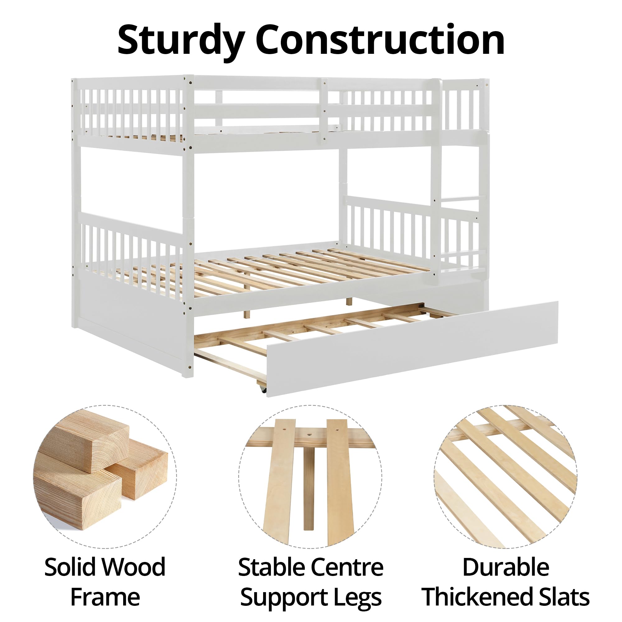 Full Over Full Bunk Bed with Trundle, Pine Wood Bunkbeds with Build-in Ladder and Safety Rails, Convertible to 2 Full Size Platform Bed for 3 Teens& Adults, No Box Spring Needed, White