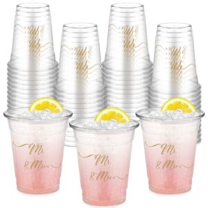 foldtier 50 pcs mr and mrs cups 12 oz plastic wedding cups clear engagement disposable cups bridal shower drinking cups for home kitchen wedding theme party favors supplies decoration