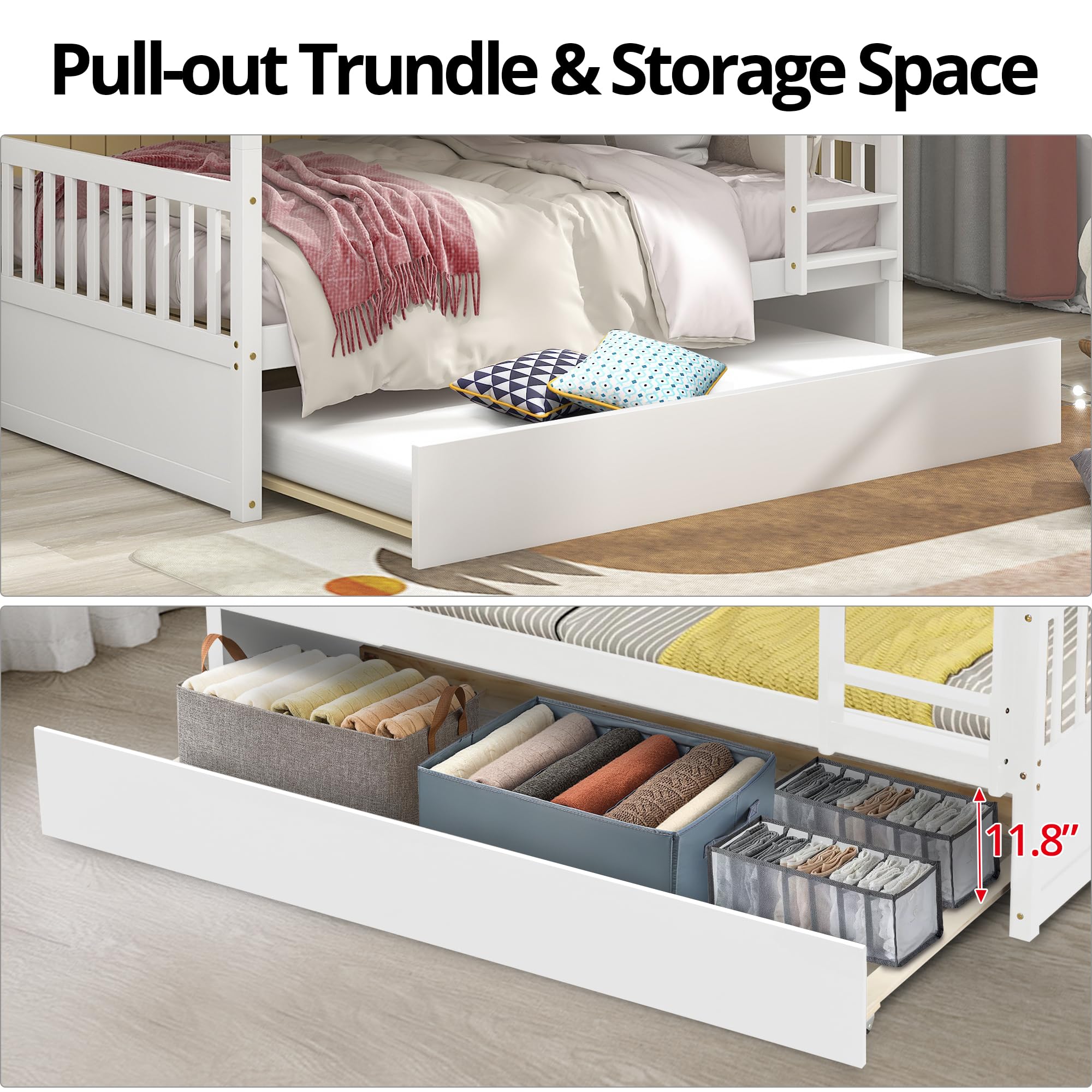 Full Over Full Bunk Bed with Trundle, Pine Wood Bunkbeds with Build-in Ladder and Safety Rails, Convertible to 2 Full Size Platform Bed for 3 Teens& Adults, No Box Spring Needed, White