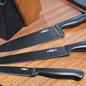 HZEX Premium Kitchen Knife Set, 13-Piece Knives Set in Block, Built-in Sharpener, High Carbon Stainless Steel Knives in Matte Black, Durable Chef's Butcher Steak Paring Utility Bread Knifes