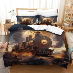 EVMILA Steam Train 3D Print Steampunk Comforter Covers Duvet Cover for Boys Girls Quilt Cover Soft Microfiber with Zipper Closure with Pillow Cases Bedding Set 3 Pieces Twin（173x218cm）, Style