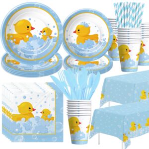 apowbls rubber duck party decorations tableware - duck party supplies, plate, cup, napkin, tablecloth, cutlery, bubble bath rubber duck theme birthday baby shower decorations dinnerware | serve 24