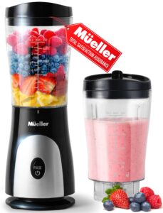 mueller personal blender for shakes and smoothies with 15 oz travel cup and lid, juices, baby food, heavy-duty portable blender & food processor, black