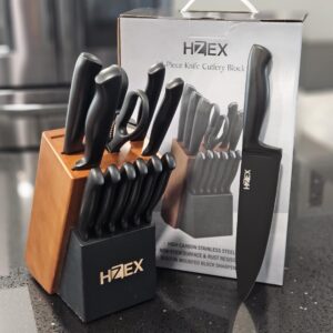 HZEX Premium Kitchen Knife Set, 13-Piece Knives Set in Block, Built-in Sharpener, High Carbon Stainless Steel Knives in Matte Black, Durable Chef's Butcher Steak Paring Utility Bread Knifes