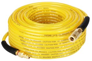 yotoo reinforced polyurethane air hose 1/4" inner diameter by 100' long, flexible, heavy duty air compressor hose with bend restrictor, 1/4" swivel industrial quick coupler and plug, yellow