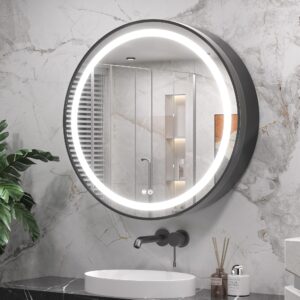 keonjinn 28 in black round led medicine cabinet mirror for bathroom with electrical outlet surface mount only anti-fog 3 color lights circle metal framed lighted vanity makeup bath mirror with storage