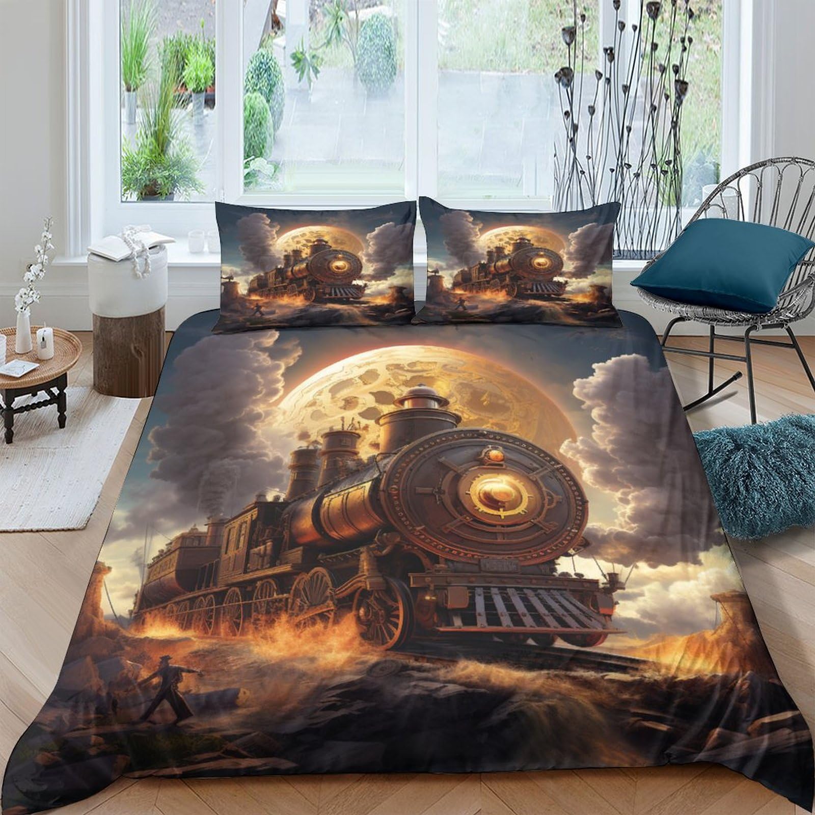 EVMILA Steam Train 3D Print Steampunk Comforter Covers Duvet Cover for Boys Girls Quilt Cover Soft Microfiber with Zipper Closure with Pillow Cases Bedding Set 3 Pieces Twin（173x218cm）, Style