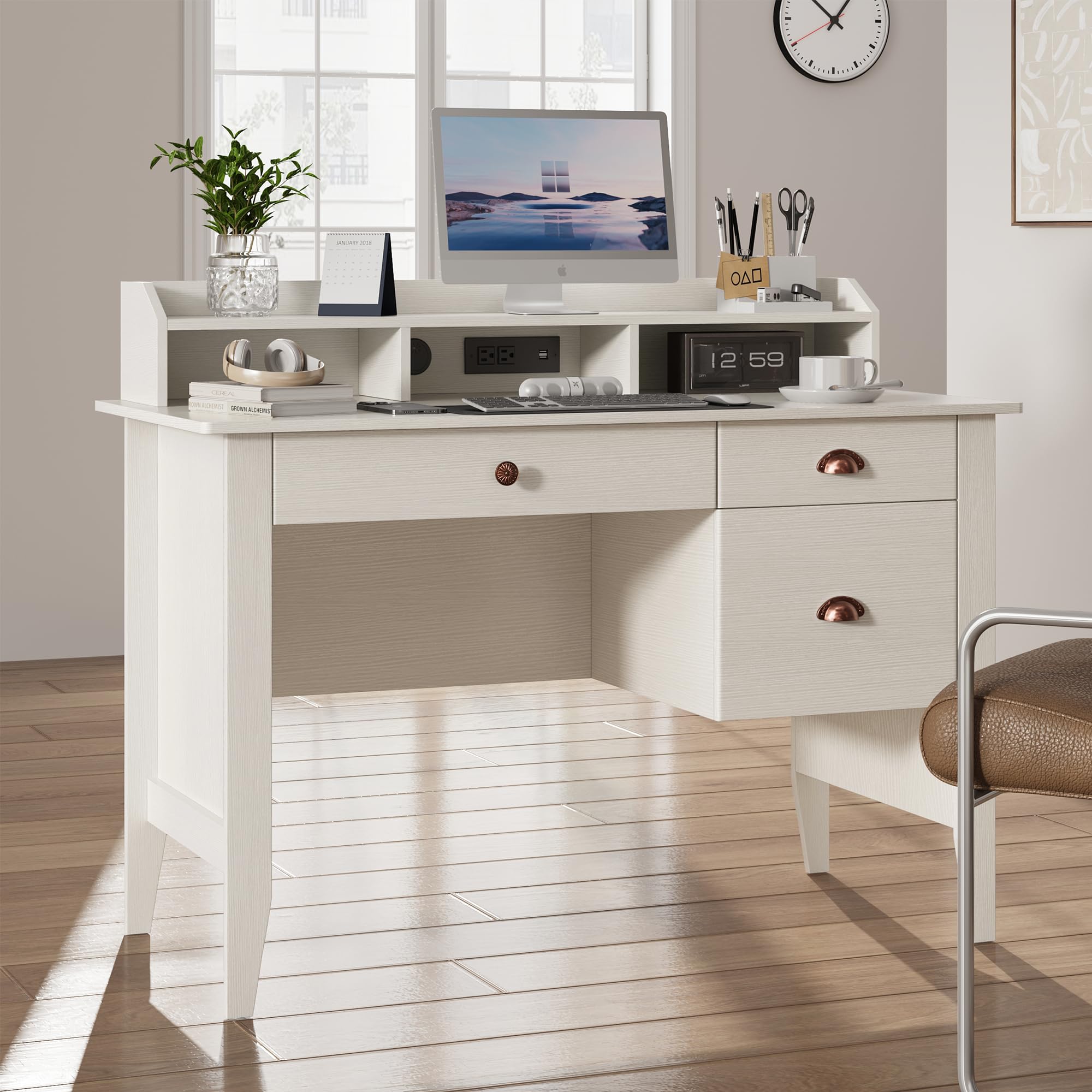 TTVIEW Computer Desk with USB Charging Port and Storage Drawers, Writing Study Table with Hutch Shelf and File Drawer, Executive Desk with 47" Wide Tabletop for Home Office Bedroom, White Oak