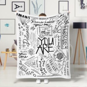 kanuyee inspirational quote throw blanket, positive psychological hint word you are cozy decor nap cash blankets gift for teens kids children student college dorm throws black and white 40×50 inches