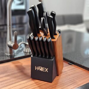 HZEX Premium Kitchen Knife Set, 13-Piece Knives Set in Block, Built-in Sharpener, High Carbon Stainless Steel Knives in Matte Black, Durable Chef's Butcher Steak Paring Utility Bread Knifes