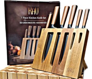 knife set with block, kav 7pc kitchen knives and sharpening rod, stainless steel knife set in high carbon matte black, chef's slicing bread utility knifes, modern wooden block open face