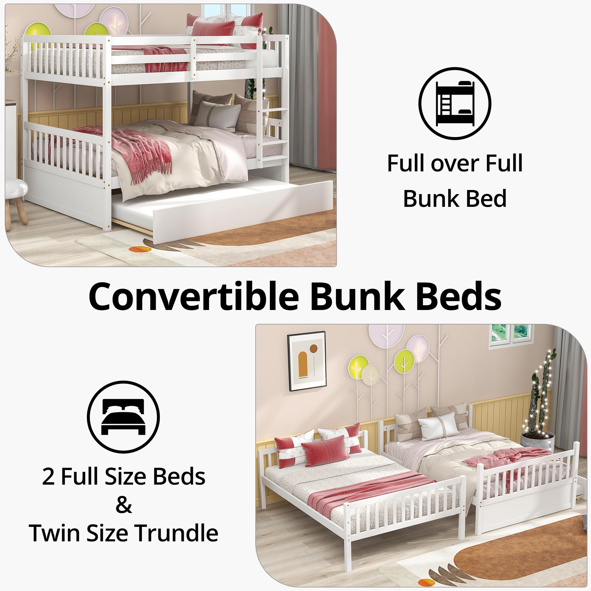 Full Over Full Bunk Bed with Trundle, Pine Wood Bunkbeds with Build-in Ladder and Safety Rails, Convertible to 2 Full Size Platform Bed for 3 Teens& Adults, No Box Spring Needed, White