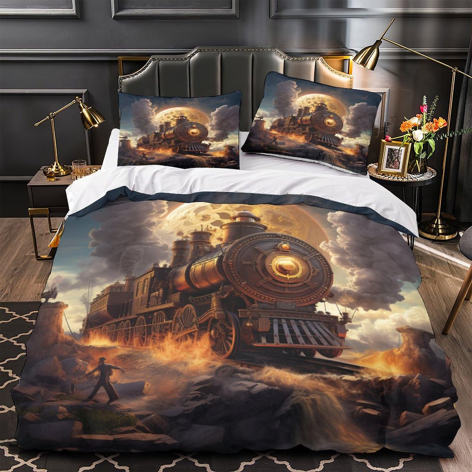 EVMILA Steam Train 3D Print Steampunk Comforter Covers Duvet Cover for Boys Girls Quilt Cover Soft Microfiber with Zipper Closure with Pillow Cases Bedding Set 3 Pieces Twin（173x218cm）, Style