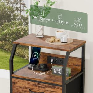 Furnulem Night Stand with Charging Station, Small Bedside Table with Wood Shelf, End Table with USB Ports & Outlets, 3 Fabric Drawers Side Table for Bedroom, Closet, 3 Ways to Use, Rustic Brown