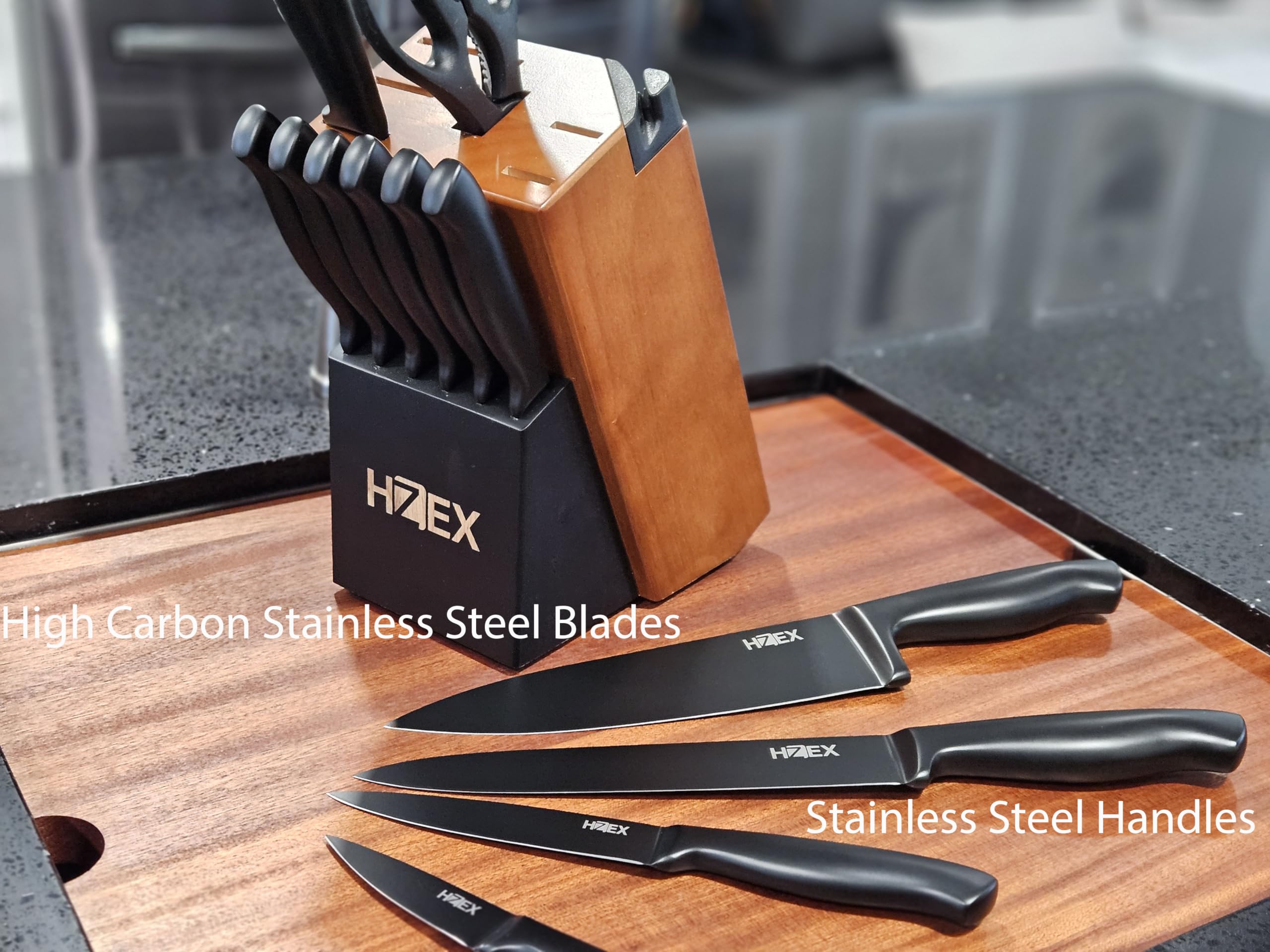 HZEX Premium Kitchen Knife Set, 13-Piece Knives Set in Block, Built-in Sharpener, High Carbon Stainless Steel Knives in Matte Black, Durable Chef's Butcher Steak Paring Utility Bread Knifes