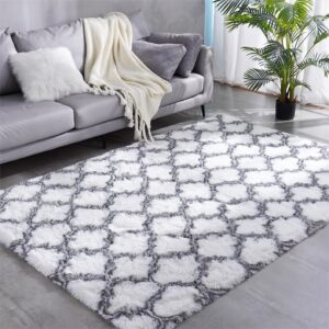 licoliha 5x8 feet soft plush shaggy rug for bedroom,white and black modern geometric rugs for living room, nursery, fluffy indoor carpet for cozy home decor luxurious area rug with non-slip backing