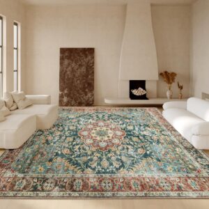 hombys 10x14 vintage area rug for living room bedroom, large boho floor carpet with non-slip backing for indoor office dining room, traditional home deco non-shedding, blue red, machine washable