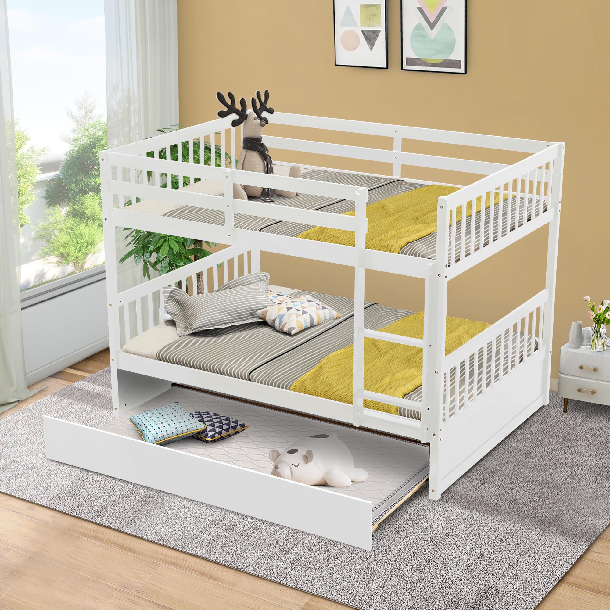 Full Over Full Bunk Bed with Trundle, Pine Wood Bunkbeds with Build-in Ladder and Safety Rails, Convertible to 2 Full Size Platform Bed for 3 Teens& Adults, No Box Spring Needed, White