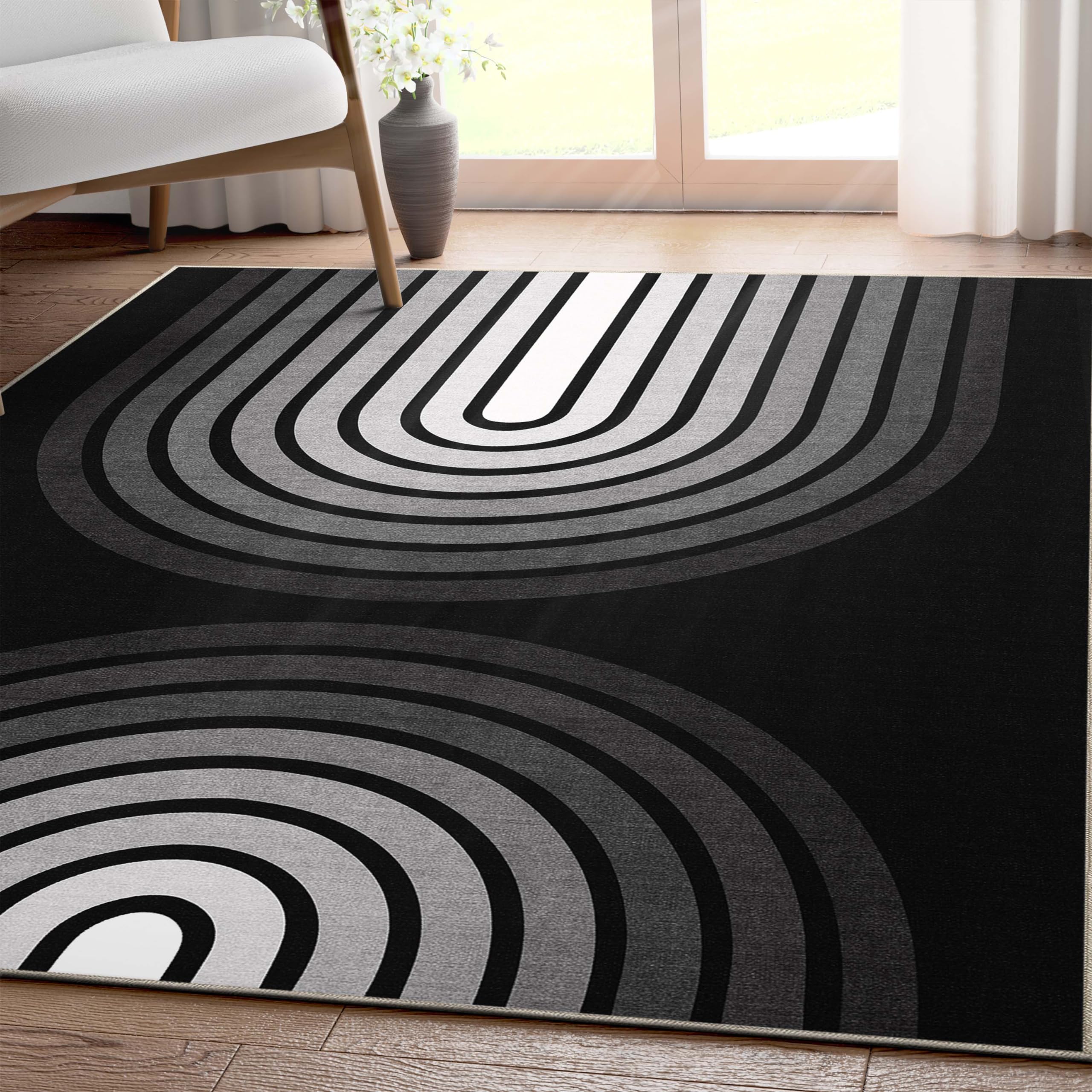 Well Woven Geometric Modern Flat-Weave 5'3" x 7'3" Area Rug - Black + White Dark Curves - for Living Room, Dining Room and Bedroom