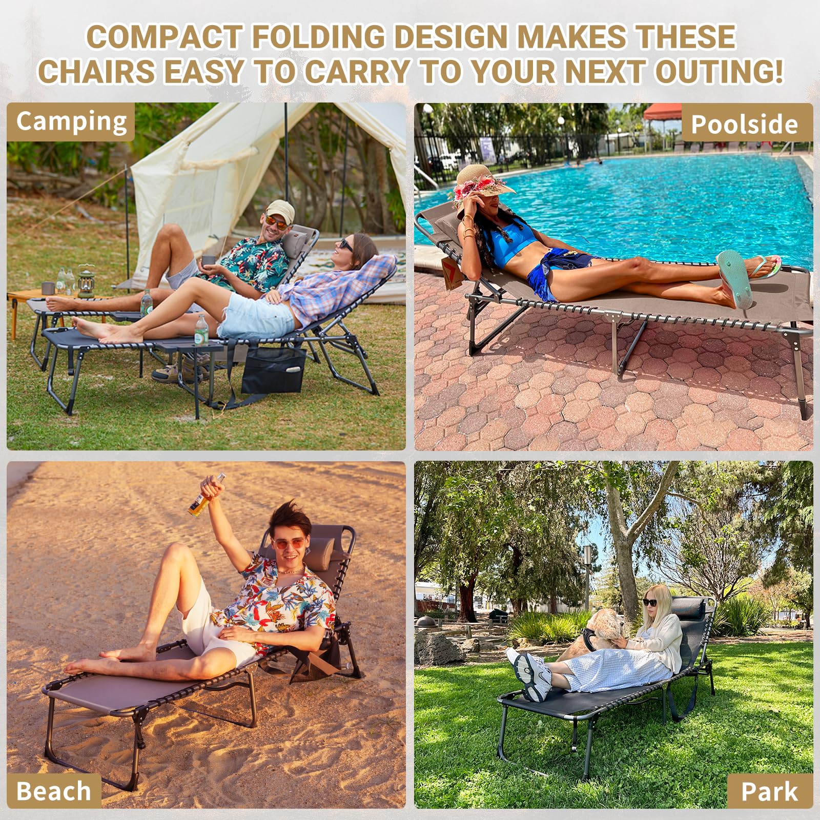 KingCamp Chaise Lounge Outdoor Adjustable Textilene Waterproof Patio Lounge Chair with Side Table Portable Camping Reclining Chair with Pillow (1 Pack, Beige)