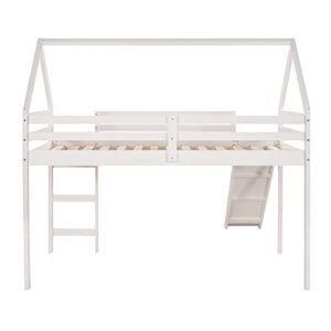 Lostcat Twin Loft Bed with Slide, House Loft Bed with Slide,Solid Pine Wood Kid Bed Frame w/Safety Guardrail & Ladder,No Box Spring Needed,Save Space Design, Kid Bed for Kids,Teens, Girls, Boys, White