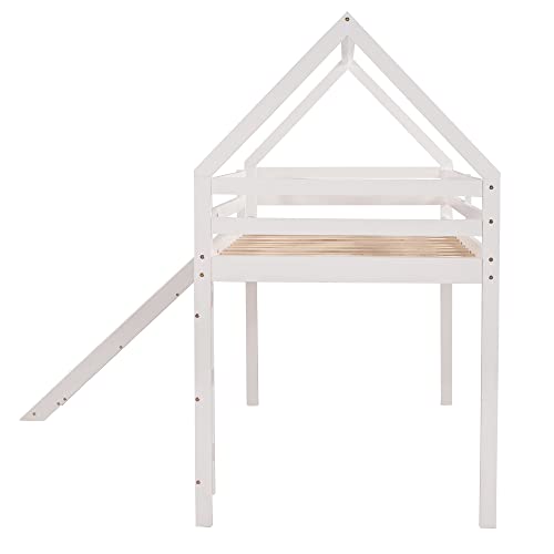 Lostcat Twin Loft Bed with Slide, House Loft Bed with Slide,Solid Pine Wood Kid Bed Frame w/Safety Guardrail & Ladder,No Box Spring Needed,Save Space Design, Kid Bed for Kids,Teens, Girls, Boys, White