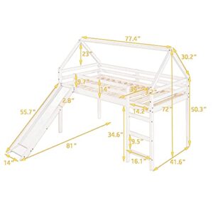 Lostcat Twin Loft Bed with Slide, House Loft Bed with Slide,Solid Pine Wood Kid Bed Frame w/Safety Guardrail & Ladder,No Box Spring Needed,Save Space Design, Kid Bed for Kids,Teens, Girls, Boys, White