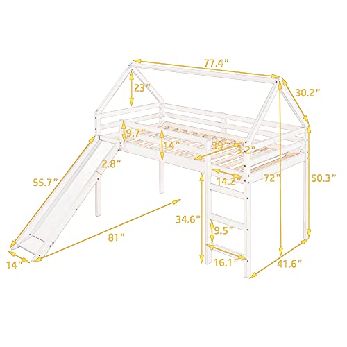 Lostcat Twin Loft Bed with Slide, House Loft Bed with Slide,Solid Pine Wood Kid Bed Frame w/Safety Guardrail & Ladder,No Box Spring Needed,Save Space Design, Kid Bed for Kids,Teens, Girls, Boys, White