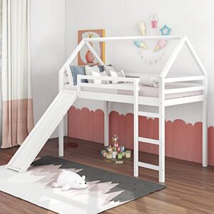 lostcat twin loft bed with slide, house loft bed with slide,solid pine wood kid bed frame w/safety guardrail & ladder,no box spring needed,save space design, kid bed for kids,teens, girls, boys, white