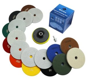 waies 11 packs 5 inch diamond polishing pads with 5/8"-11 backer pad 9 pcs wet/dry polish pad kit for drill grinder polisher 50-10000 grit pads for marble tile quartz granite concrete countertop