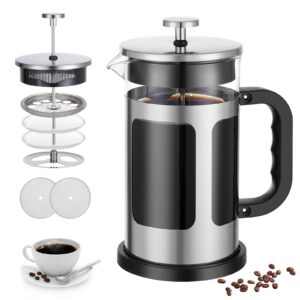 dircolz french press coffee maker -（21oz） 304 stainless steel with 4 filters system, heat resistant thickness borosilicate french press glass, bpa-free brewed tea pot coffee plunger（silvery）