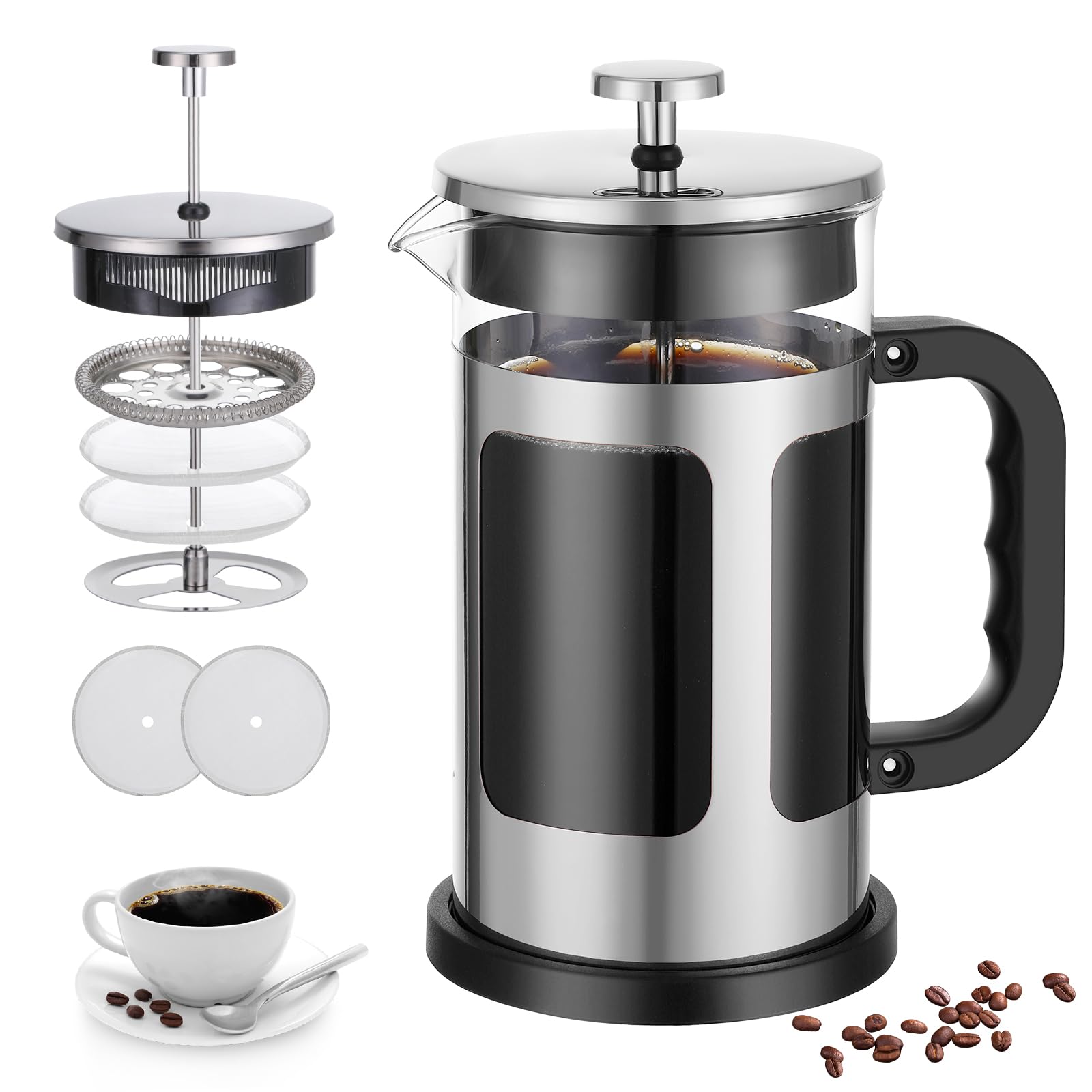 Dircolz French Press Coffee Maker -（21oz） 304 Stainless Steel with 4 Filters System, Heat Resistant Thickness Borosilicate French Press Glass, BPA-Free Brewed Tea Pot Coffee Plunger（Silvery）