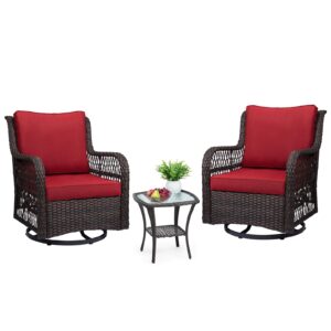 omtech rocking chair, outdoor wicker rotation rocking chair with cushion, outdoor rocking chair set of 3, with end table, indoor outdoor patio yard bistro furniture, red