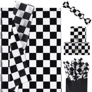 120 sheets checkered tissue paper black and white race car party gift wrapping paper black plaids art tissue paper for racing car birthday christmas party decorations, 14x20 inch