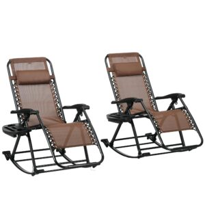 outsunny set of 2 outdoor rocking chairs, foldable reclining zero gravity lounge rocker with pillow, cup & phone holder, combo design with folding legs, brown