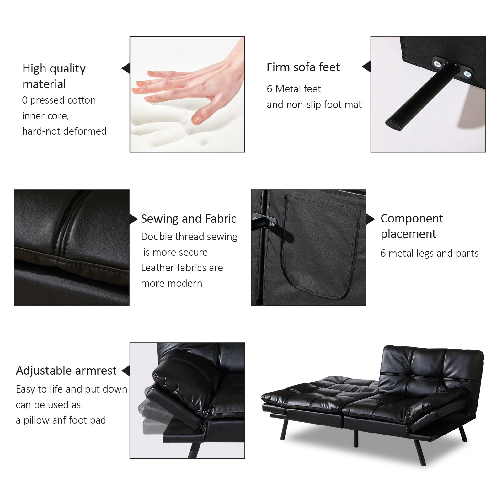 Hcore Convertible, Futon Couch Bed Memory Foam Loveseat Sofas, Dark Black