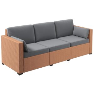 outsunny wicker patio couch, pe rattan 3-seat sofa, outdoor furniture with deep seating, cushions, steel frame, sand