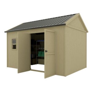 yardenaler 12x8.7 ft wood outdoor storage shed, diy garden tool shed kit with waterproof metal roof, lockable door and vents, backyard and patio, natural