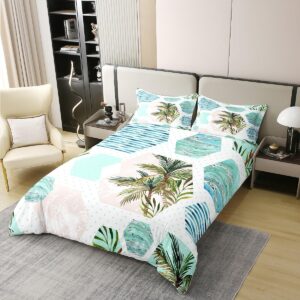 manfei tropical palm tree 100% organic cotton comforter cover geometric honeycomb duvet cover set queen size for bedroom summer beach ocean bedding set with 2 pillowcases