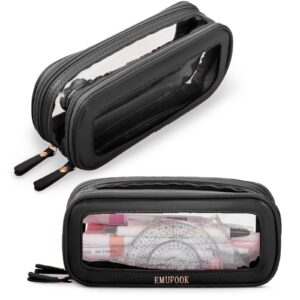 emufook clear pencil case aesthetic large capacity pencil pouch with zipper simple stationary pencil bag transparent pen case for school teen girl boy multi-purpose bag for office men women, black